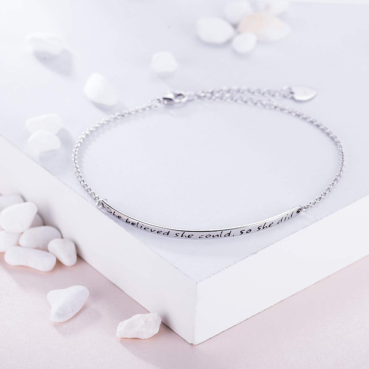 Graduation Gifts 925 Sterling Silver Women Engraved Inspirational Adjustable Bracelet “She Believed She Could So She Did” Friendship Gift (A-silver)