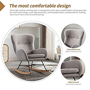 Westice Rocking Chair Rocker Glider Chair for Nursery Accent Teddy Upholstered Chair with Padded Seat & High Backrest Armchair Comfy Side Chair for Living Room Bedroom Offices (Gray)