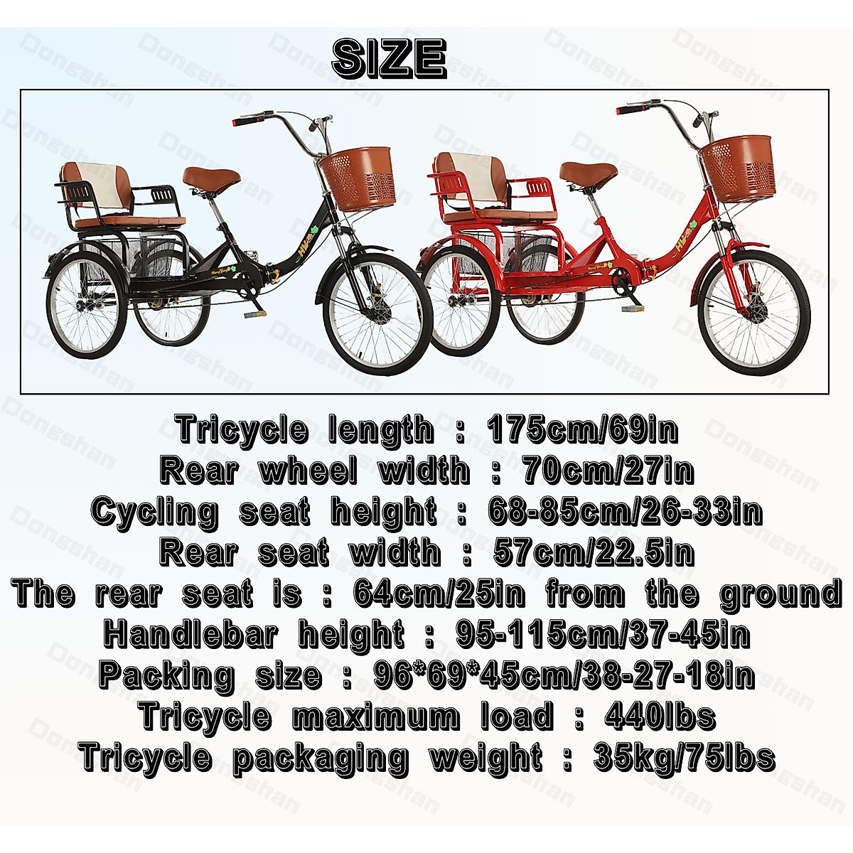 DONGSHAN Tricycle Adult 20'' 3-Wheel Bicycle Folding Bikes Comfortable seat, Rear Enlarged Food Basket Shock-Absorbing Front Fork for Parents to Pick up and Drop Off Children Load 440lbs (Black)