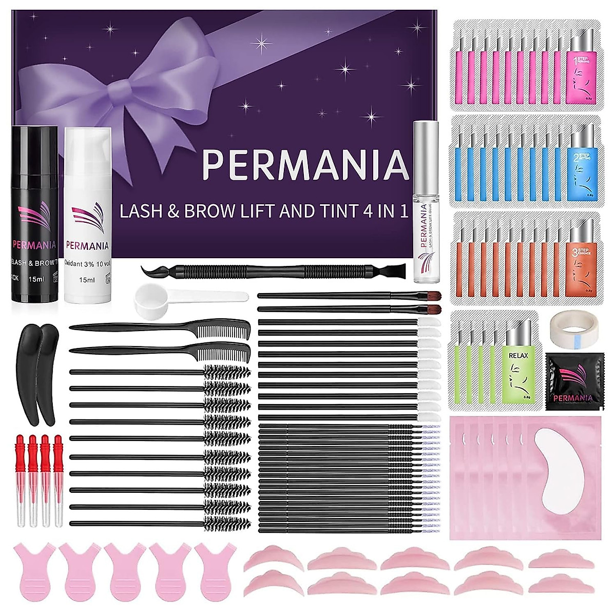 PERMANIA Lash Lift Kit with Black Color, Eyelash & Brow Lamination 4 IN 1 Black Color Make Lash Perm Voluminous and Curl for Salon & Home（Black）