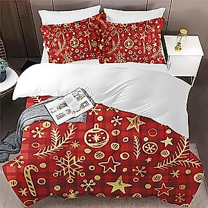 Pinbeam Comforter Set Twin Size, Christmas Golden Plaid Xmas Soft Bedding Set for Kids and Adults Bedroom Bed Decor, Retro Tree Winter Comforter Set with Pillowcase