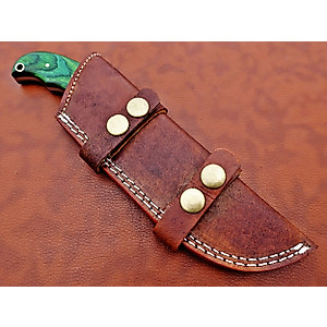 9.5" Hand Forged Damascus Steel Gut Hook Skinning Knife, Green Wood Scale with Damascus Bolster, Full Tang Blade Twist Pattern Drop Point Blade, Cow Hide Leather Sheath