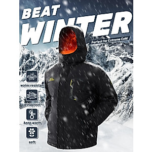 TACVASEN Winter Jacket for Men Skiing Warm Fleece Jackets Hooded Water Resistant Rain Jacket Black Thermal Snowboarding Jacket Windbreaker for Cold Weather