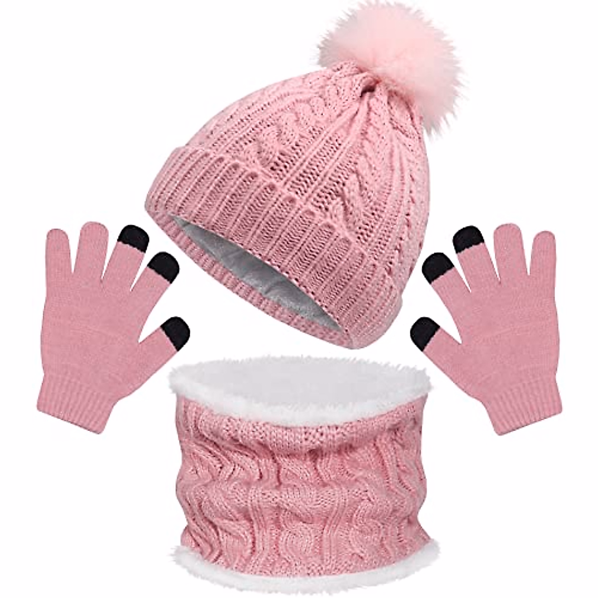 KMOLY Kids Winter Hat Set for Boys Girls Age 2-7,Toddler Beanie Neck Warmer Touchscreen Gloves Baby Knit Ski Cap Set (Pink)