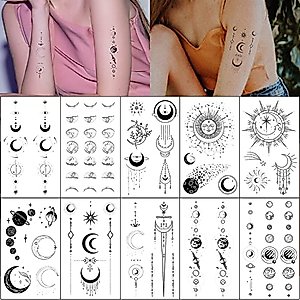 Esland Realistic Moon Sun Stars Space Planets Chain Temporary Tattoos Vertical Spine Tattoo Stickers for Women Men