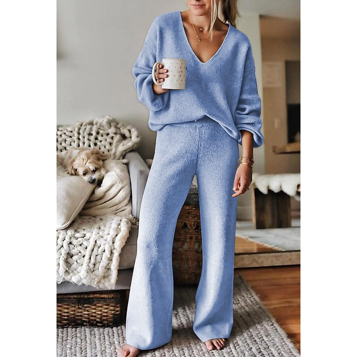Viottiset Women's 2 Piece Outfits Sweater Set V Neck Knit Pullover Top Wide Leg Pants Sweatsuit Blue Small