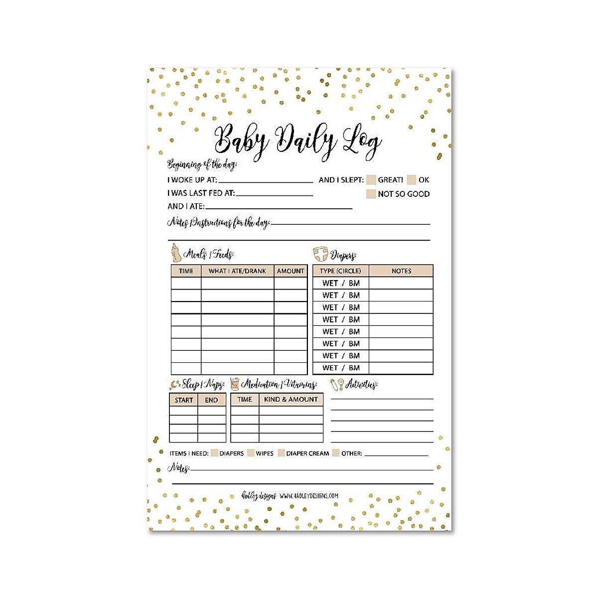 Nanny Newborn Baby or Toddler Log Tracker, Daily Schedule Feeding Food Sleep Naps Activity Diaper Change Monitor Notes for Daycare, Babysitter, Caregiver, Infants and Babies, 50 Sheet Pad