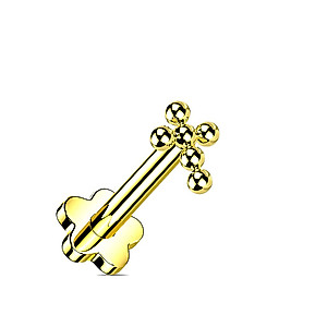 Dynamique Implant Grade Titanium Threadless Push In Flower Base Labret, Flat Back Stud With Ball Cross Top For Cartilage, Lip, Nose (Sold Per Piece)