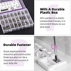 Swpeet 435Pcs 3 Types #6#8#10 SAE 304 Stainless Steel Round Pan Head and Phillips Flat Head Self Tapping Sheet Metal Screws Wood Screws with 410 Stainless Steel Truss Head Fast Self Tapping Screws