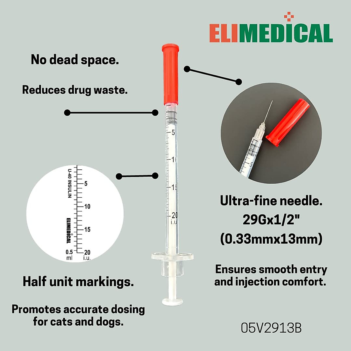 Elimedical Veterinary Insulin Syringe, U-40 (40IU), 0.5cc (ml), 29g x ½ inch (12.7mm), Half Unit Marking, Individually Packed, for Pet Cat or Dog, 100 per box, 05V2913B