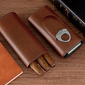 Oyydecor Cigar Case Cigar 3- Finger Carrying Case Set Cedar Wood Lined Leather, Cigar Humidor with Silver Stainless Steel Cutter (Brown)