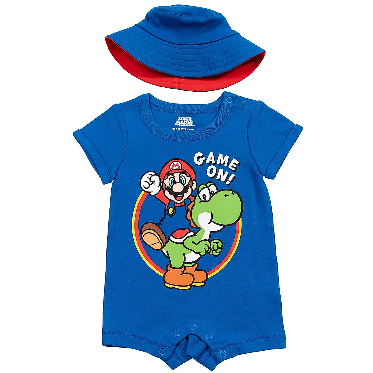 Super Mario Nintendo Mario Yoshi Infant Baby Boys Romper and Bucket Sun Hat Blue/Red 12 Months