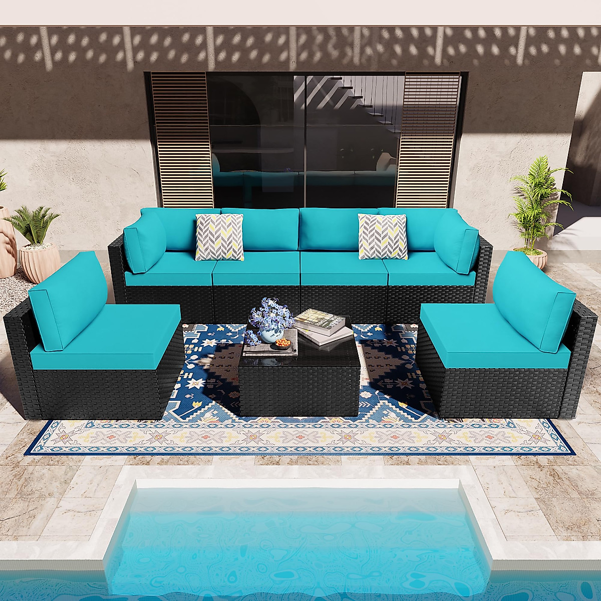 Walsunny 7 Pieces Patio Outdoor Furniture Sets,Low Back All-Weather Rattan Sectional Sofa with Tea Table&Washable Couch Cushions (Blue)