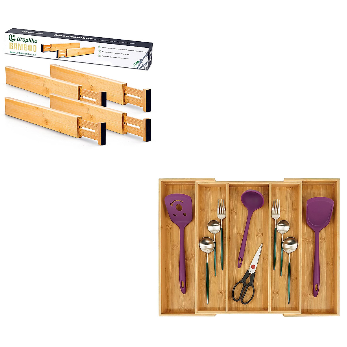 Utoplike 4 pcs Bamboo Kitchen Drawer Dividers and Bamboo Expandable Kitchen Drawer Organizer, Adjustable Utensil Holder Set