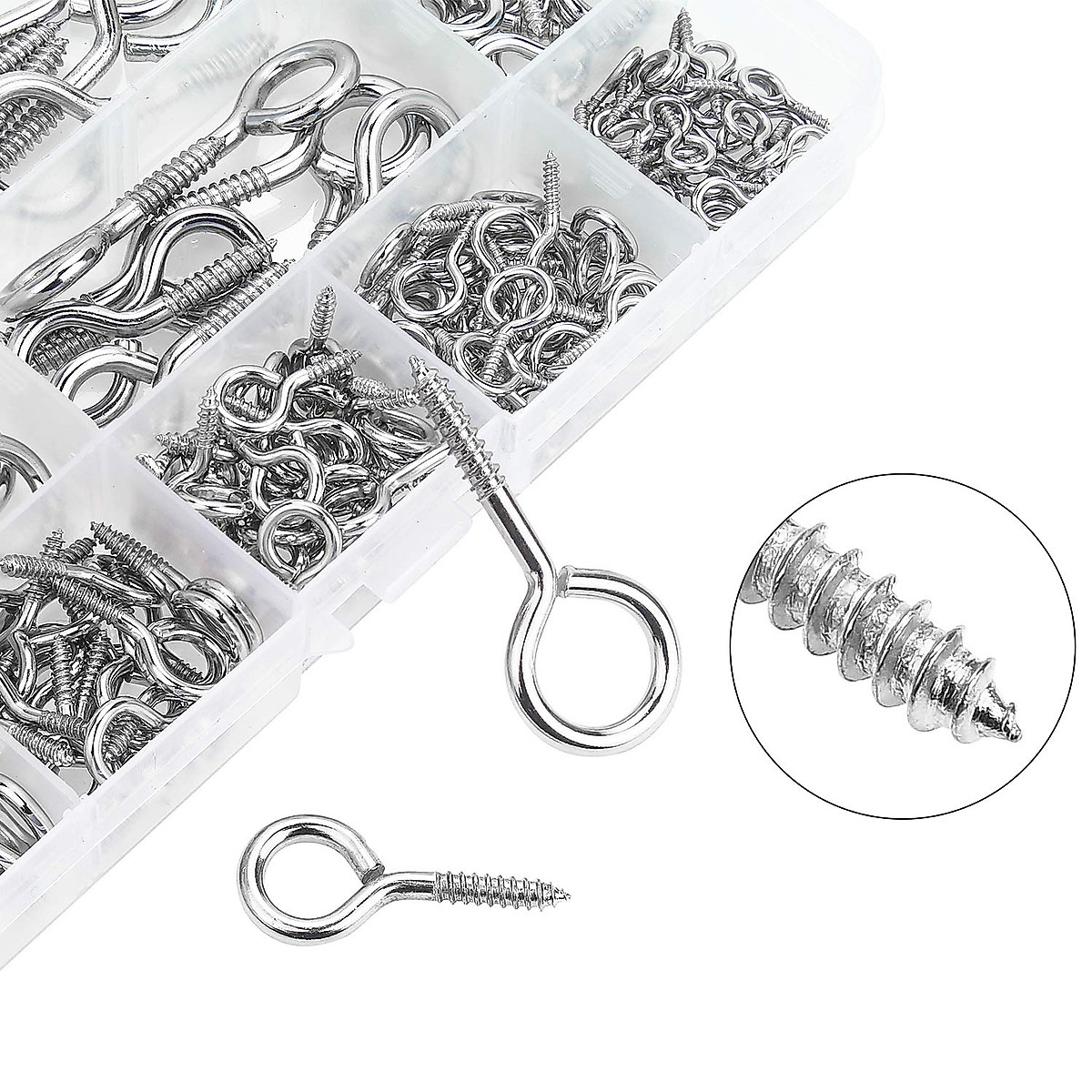 HELIFOUNER 200 Pieces 11 Sizes Nickel Plated Steel Screw Eyes Assortment Kit
