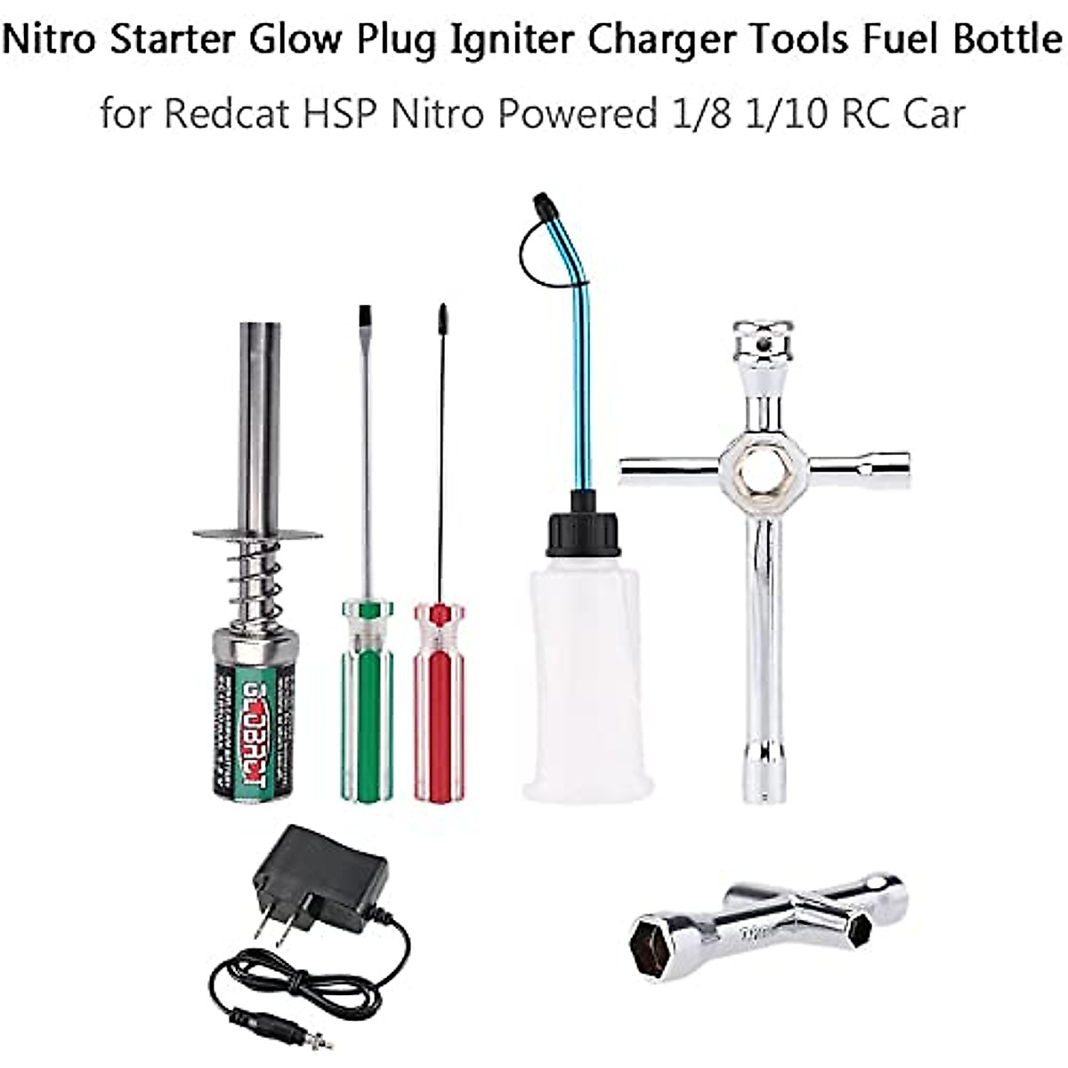 Globact RC Nitro Starter Glow Plug Igniter Charger Tools Fuel Bottle Combo for Redcat HSP Nitro Powered 1/8 1/10 RC Car