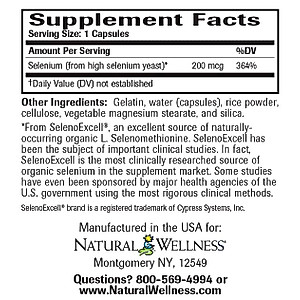 Natural Wellness 200 mcg Natural, Organic, SelenoExcell Selenium Supplement for Antioxidant Support - 60 Capsules: 60-Day Supply