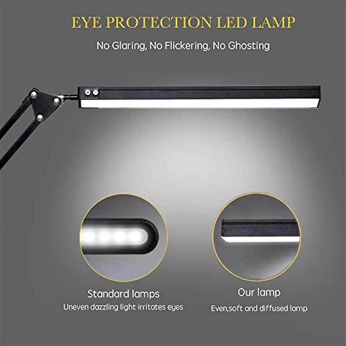LED Desk Lamp, Adjustable Swing Arm Lamp with Clamp, Eye-Caring Reading Desk Light, 10 Brightness Levels, 3 Lighting Modes, Memory Function Desk Lamps for Home Office with Adapter (Black)