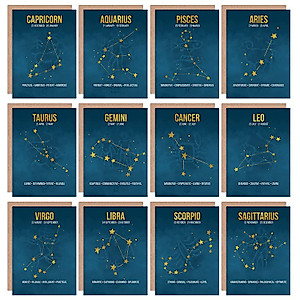 Wee Blue Coo Zodiac Birthday Cards Astrology Star Signs Constellation Blank Blue Greeting Cards With Envelopes Pack of 12