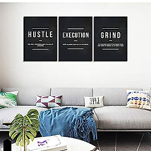 Motivational Posters Inspirational Wall Art Motivation Canvas Paintings Wooden Framed Hustle Wall Decor Black 3 Pieces Office Wall Art for Living Room Bedroom Home Decor Easy to Hang(36”Wx16”H)