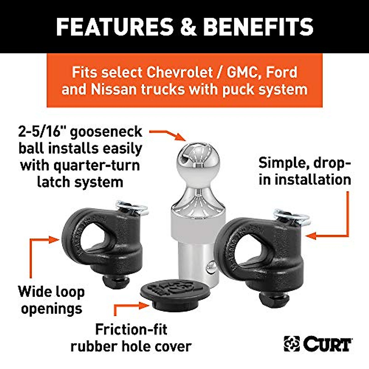 CURT 60639 Puck System Gooseneck Hitch Kit, Fits Select Chevy, Ford, GMC, Nissan Trucks, 38,000 lbs. GTW, 2-5/16-Inch Ball, Pucks Required