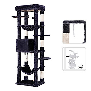 Heybly Cat Tree with Extra Large Platform, 69 inches XXL Large Cat Tower for Indoor Cats, Multi-Level Cat House with Padded Plush Perch, Cozy Basket and Scratching Posts, Smoky Gray HCT031G