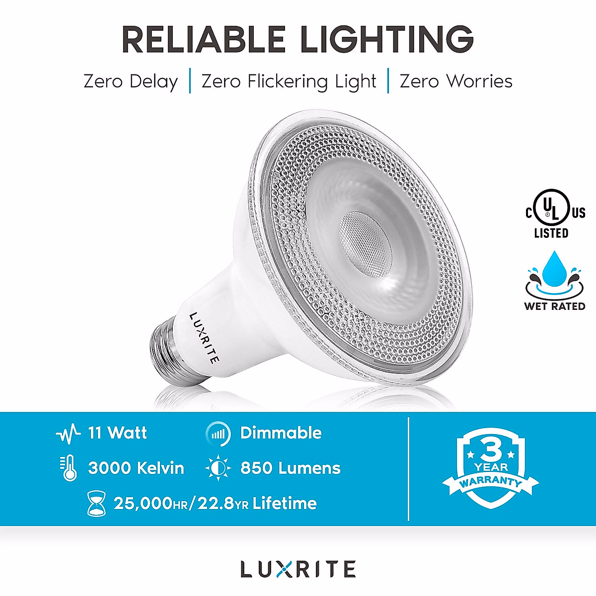 LUXRITE 4 Pack LED PAR30 Flood Light Bulb, 75W Equivalent, 3000K Soft White, 850 Lumens, 11W Dimmable, Indoor Outdoor Spotlight Bulb, Wet Rated, E26 Standard Base, UL Listed