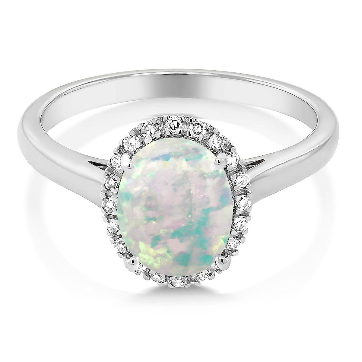 Gem Stone King 10K White Gold White Simulated Opal and Diamond Engagement Ring For Women (0.60 Cttw, Oval Cabochon 9X7MM) (Size 7)