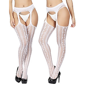 TGD Fishnet Stockings Tights Sexy Suspender Pantyhose for Women Thigh High Stocking Colors 4 Pairs (White 0589)