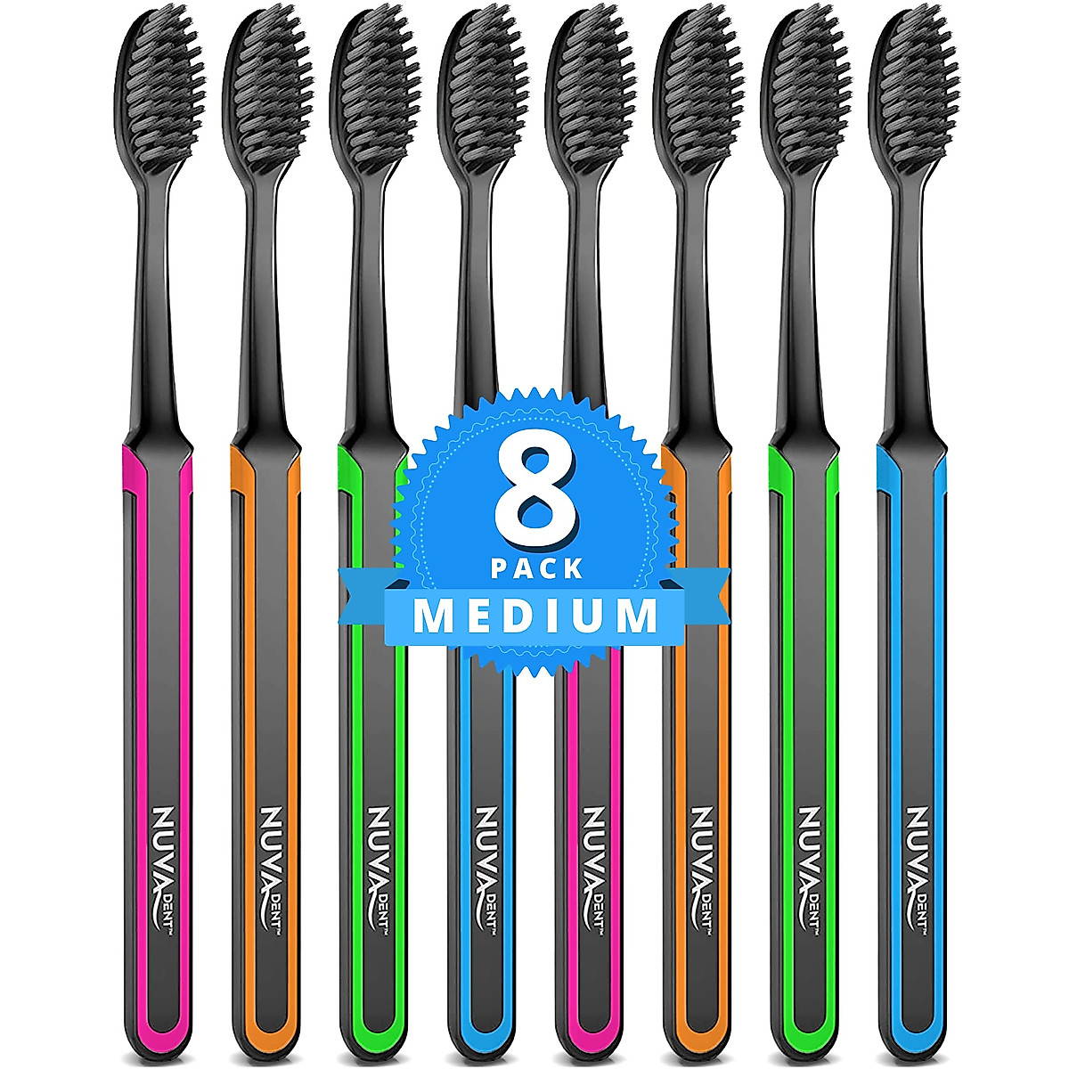 Nuva Dent Charcoal Toothbrushes Medium - Charcoal Toothbrush, Activated Charcoal Toothbrush Super Soft, Toothbrush Charcoal, Teeth Whitening Charcoal Tooth Brush - Adults & Kids - 8 pc, Medium