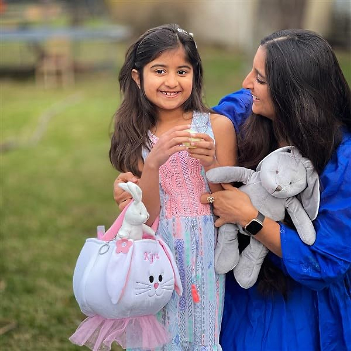 Personalization Universe Teal and Grey Personalized Easter Bunny Basket Bag, Embroidered Baby Name, Perfect for Easter Egg Hunts, Custom Easter Egg Hunt Accessory, Ideal For Easter Basket Stuffers