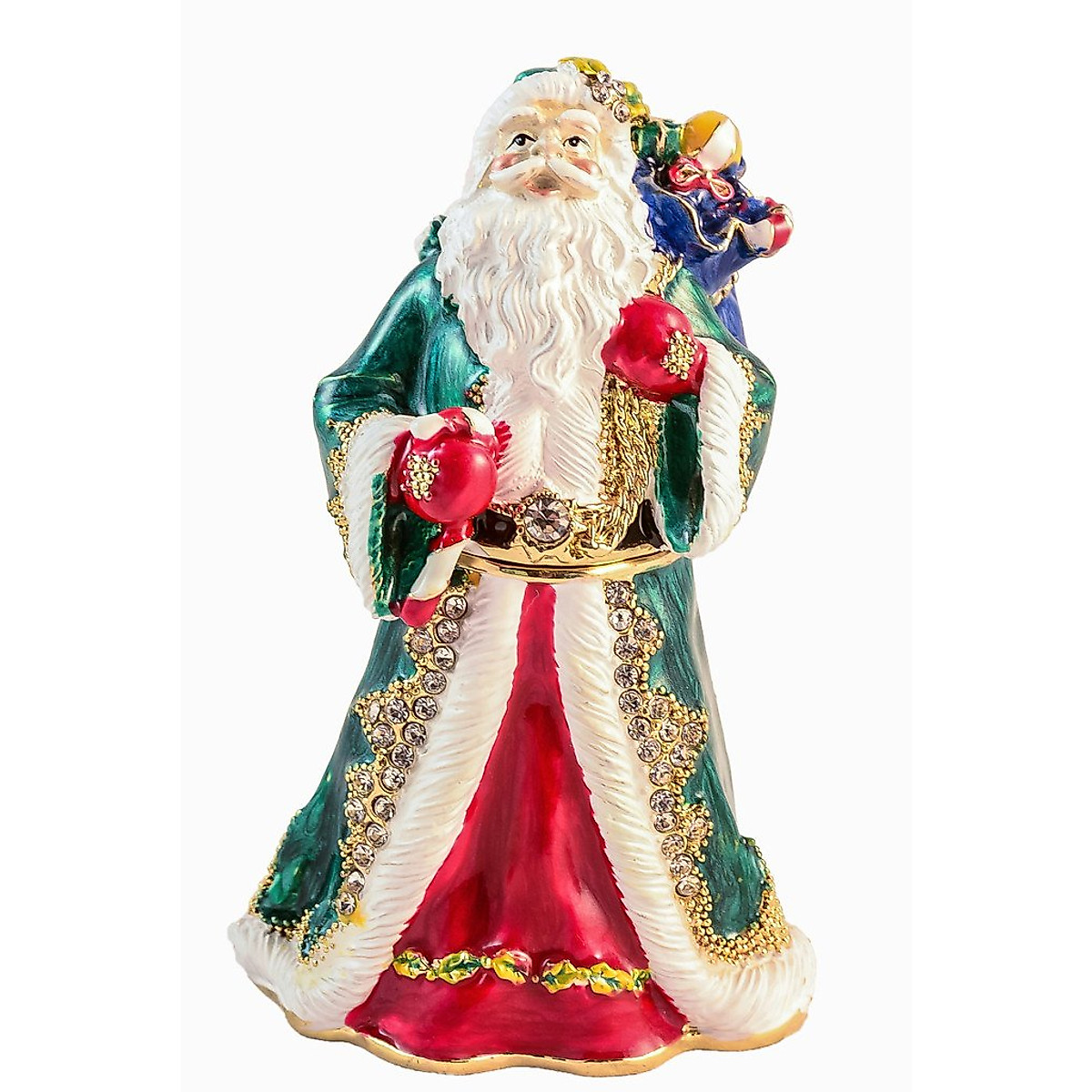 Santa Claus Trinket Box, Hand Set Swarovski Crystal, Hand Painted Red & Green Enamel Over Solid Pewter Base, Inside of Box with Lovely Enamel, Comes in Beautiful Box, L 2.50 x H 4.00 x W 2.25