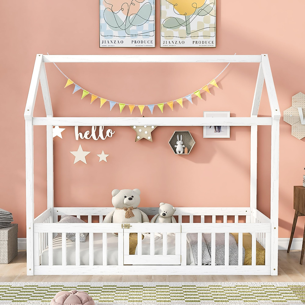 Twin Bed Frames with Fence and Door Roof, Pine House Shaped Montessori Floor Mattress Foundation for Kids Girls Boys