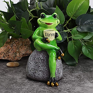 JUXYES Creative Craft Resin Frog Figurine Decor, Frog Sitting On Stone Statue Drinking Coffee Sculpture Statue, Personalized Collectible Figurines Mascot Frog for Indoor Outdoor Garden Decoration