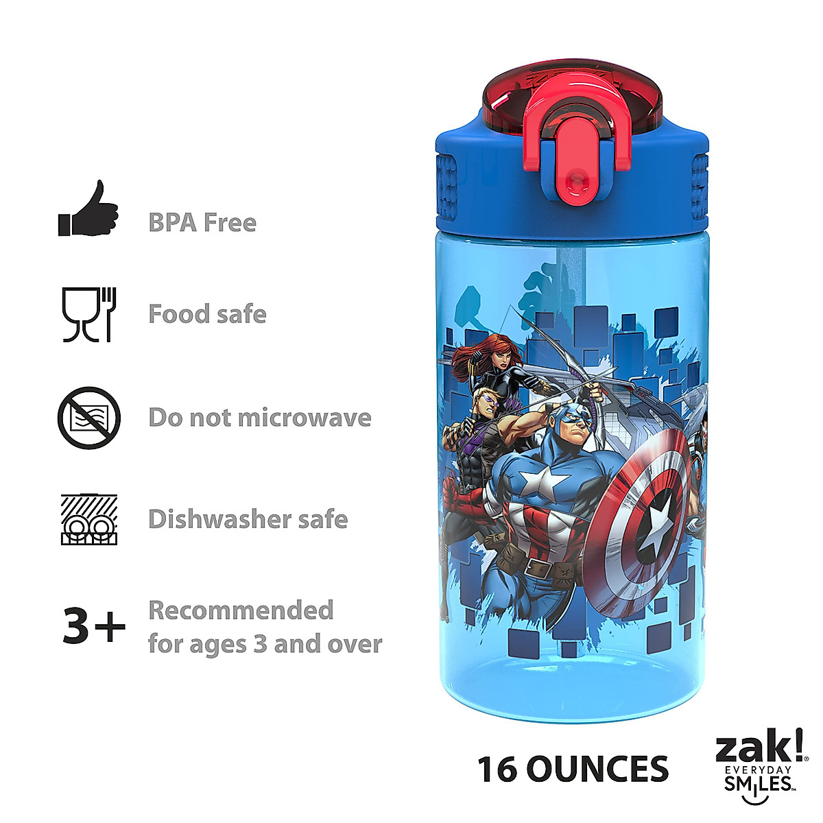 Zak Designs Kids Durable Plastic Spout Cover and Built-in Carrying Loop, Leak-Proof Water Design for Travel, (16oz, 2pc Set), Marvel Avengers