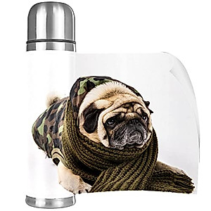 Cute Pug Stainless Steel Coffee Thermos, Double Walled Insulated Water Bottle for Outdoor Sports, Office, Car (17 OZ/500ML)