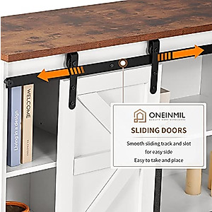 oneinmil Farmhouse TV Stand for 65 Inch TVs, Modern Rustic Entertainment Center with Sliding Barn Door and Storage Cabinets, Metal Media TV Console with Shelf for Living Room, 58 Inch,White