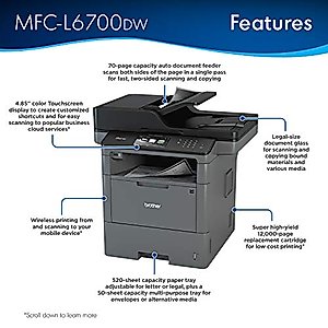 Brother Monochrome Laser Printer, Multifunction Printer, All-in-One Printer, MFC-L6700DW, Advanced Duplex, Wireless Networking Capacity, 70-Page ADF Capacity, Amazon Dash Replenishment Ready