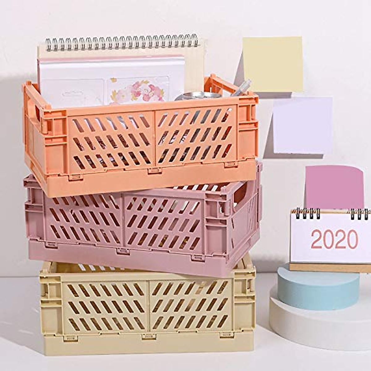 Hefddehy Collapsible Crate Plastic Folding Storage Box Basket Utility Cosmetic Container Pink