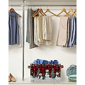 Storage Bins Large Storage Basket,Christmas Snowman and Tree in Snow Collapsible Storage Bins with Handle,Red and Black Buffalo Plaid Storage Baskets Cube Organizer for Shelves Closet Nursery 1PCS