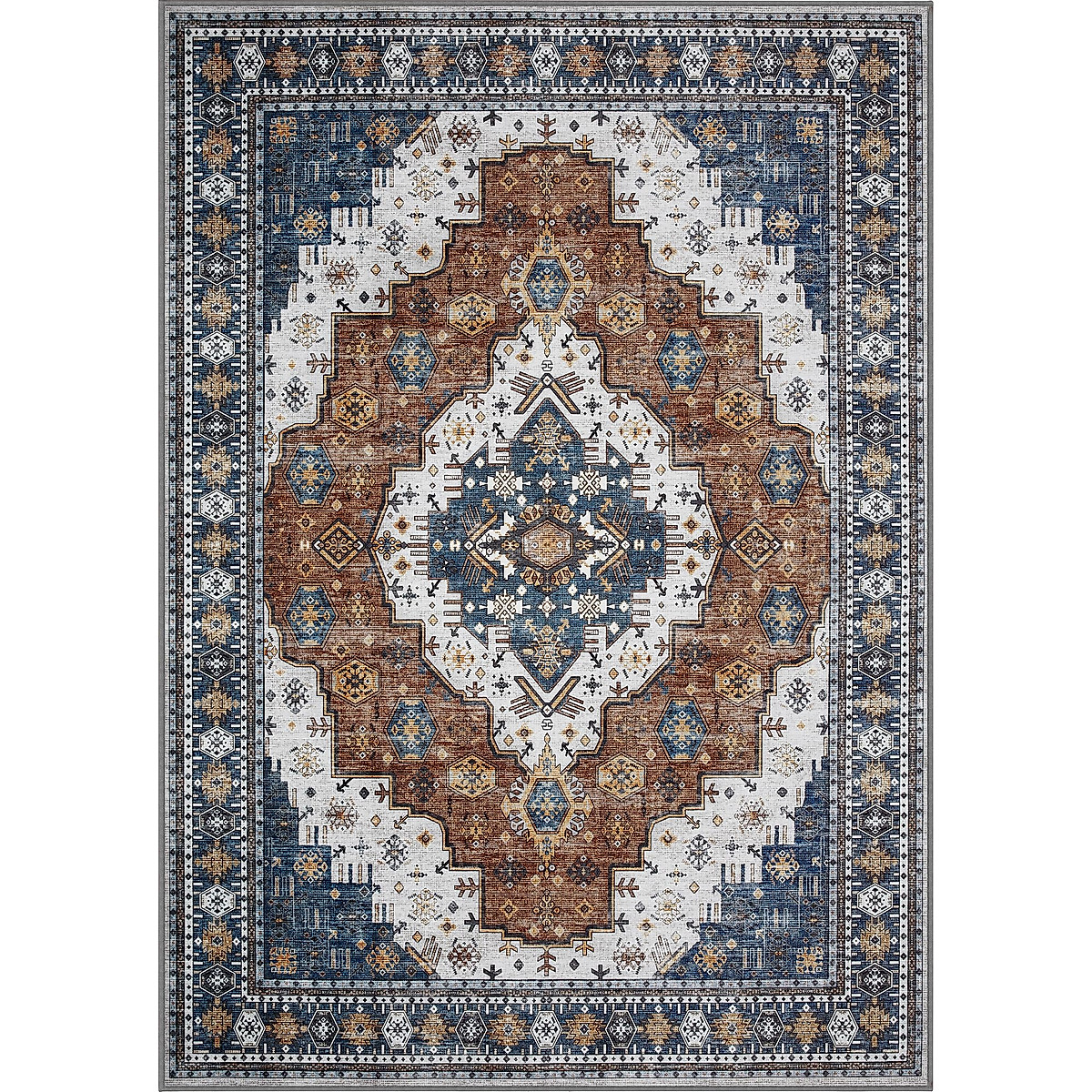 Washable Rug Living Room Rugs: 9x12 Area Rug Large Boho Medallion Distressed Carpets Indoor Soft Floor Anti Slip Carpet for Under Dining Table Bedroom Farmhouse Home Office - Blue/Orange Brown