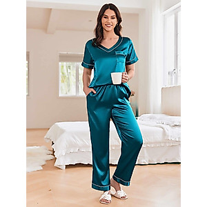 Ekouaer Womens Silky Pajamas Set Satin Pj Set Short Sleeve Top and Long Pant Pajama Set Two Piece Sleep Set Silky Sleepwear Nightwear Blue