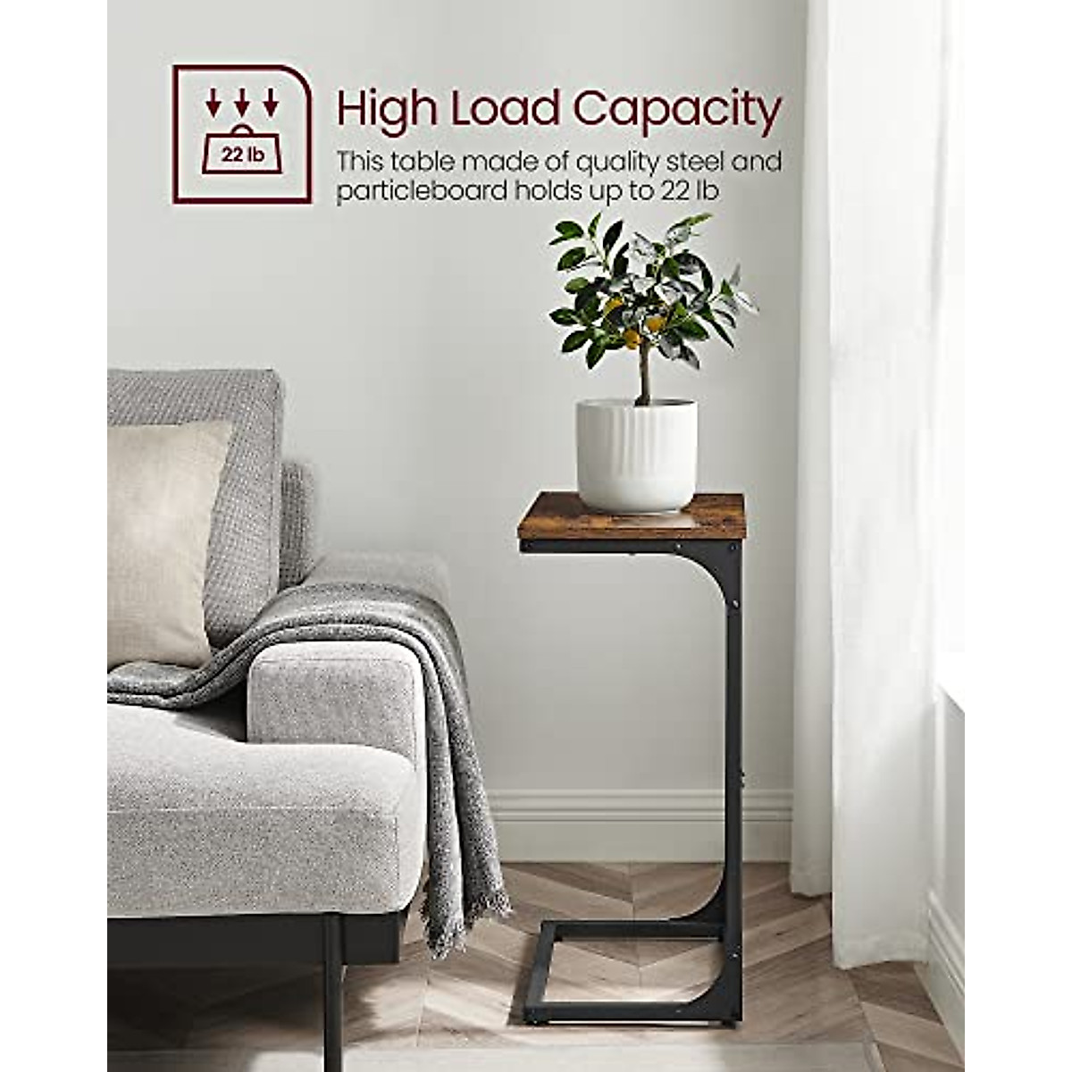 VASAGLE C-Shaped End Table, Side Table for Sofa, Couch Table with Metal Frame, Small TV Tray Table for Living Room, Bedroom, Rustic Brown and Black