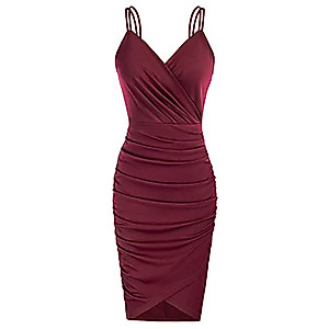 GRACE KARIN Spaghetti Straps Bodycon Pencil Dress V-Neck Wedding Guest Dress Wine Red XL