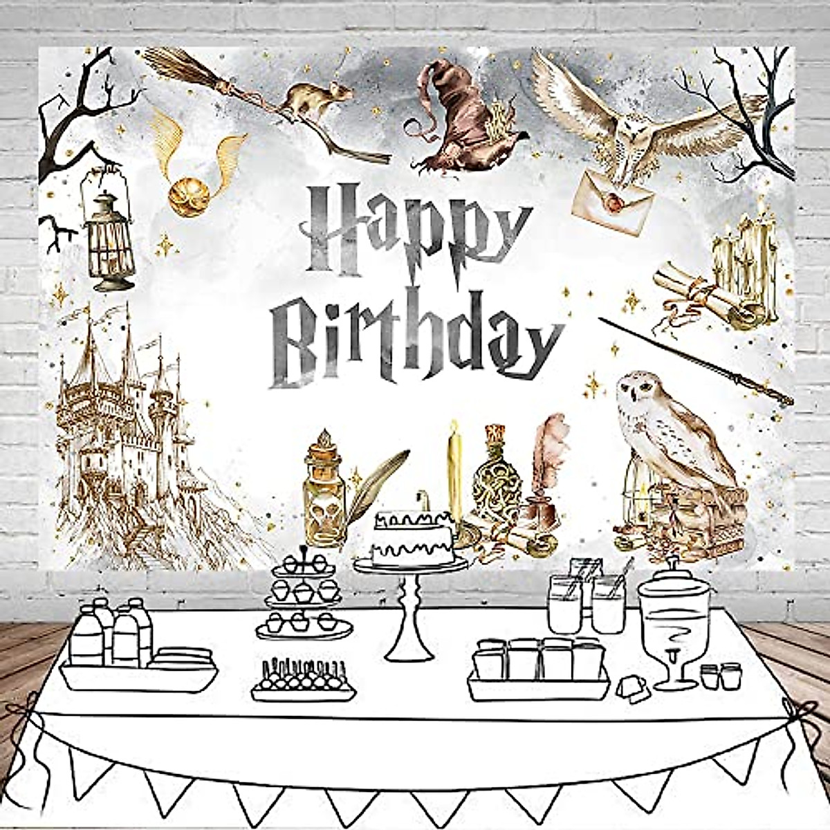 Mocsicka Wizard Birthday Backdrop Magical Castle Witch Wizard School Happy Birthday Photography Background Vinyl Kids Sorcerer Theme Birthday Party Cake Table Decoration Photo Booth (Gray, 7x5ft)