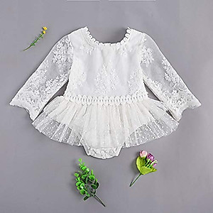 Kayotuas Newborn Infant Baby Girls Butterfly Sleeve Romper Clothes Ruffle Lace Bodysuit Tutu Dress Jumpsuit Princess Outfit (White Long-Sleeve #2, 0-6 Months)