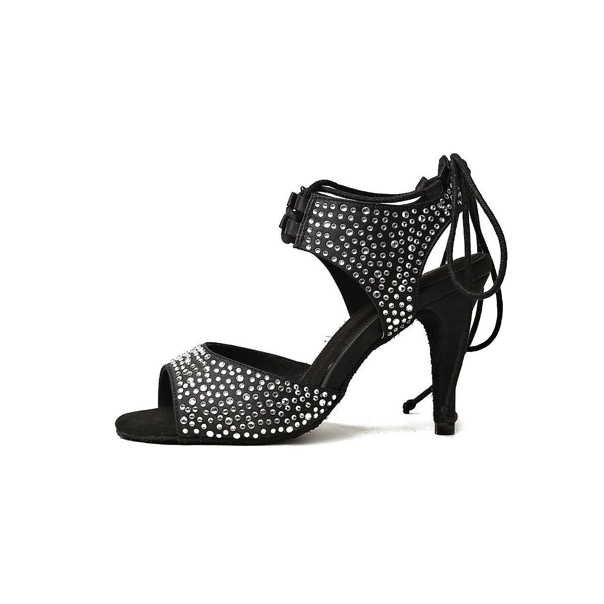 Minishion GL251 Women's Lace-up Crystals Black Satin Latin Dancing Shoes Evening Sandals US 6.5