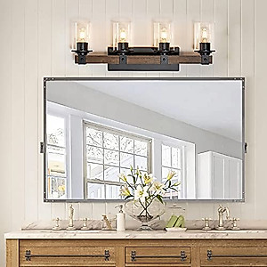 Farmhouse Rustic Bathroom Lighting Fixtures Over Mirror, Vintage Wood Vanity Lighting with Clear Glass, 4-Light Modern Industrial Wall Lamp for Bedroom,Living Room,Hallway