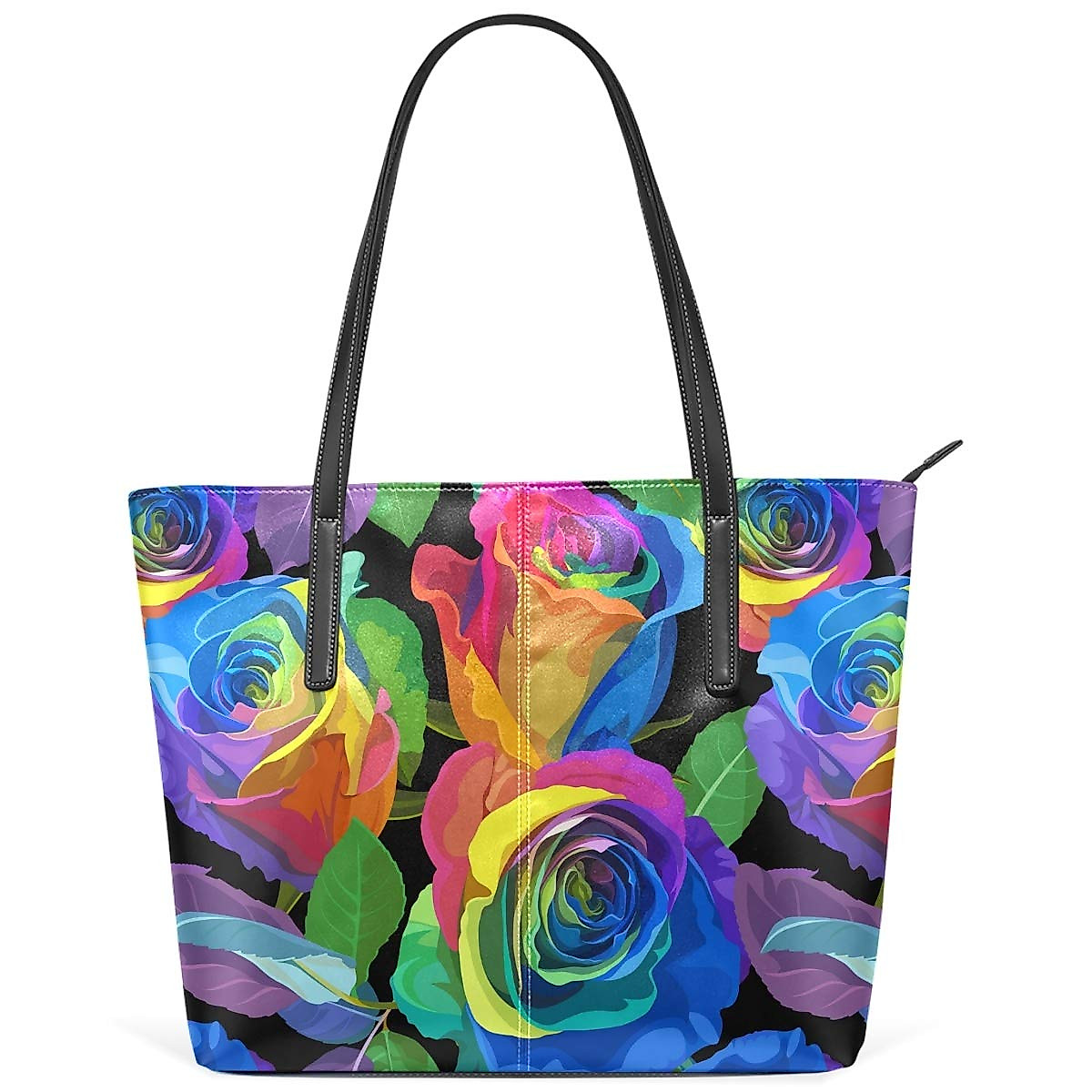 MNSRUU Tote Bag for Women Multicolored Roses On Black Background Tote Bag Purses and Handbags Shoulder Bag Big Capacity PU Leather Handbag Womens Tote Bags for Work
