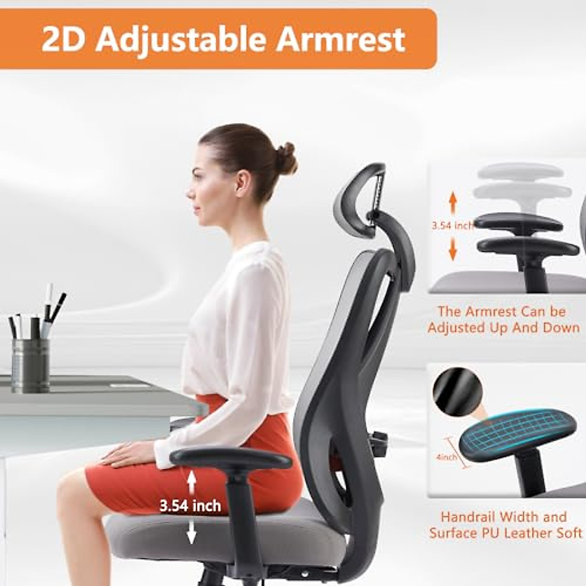 Office Chair, Desk Chair Ergonomic Office Chair - High Back Desk Chair, Computer Mesh Chair with Lumbar Support, Adjustable Headrest & 2D Armrest, Tilt Function Swivel Executive Chair for Office